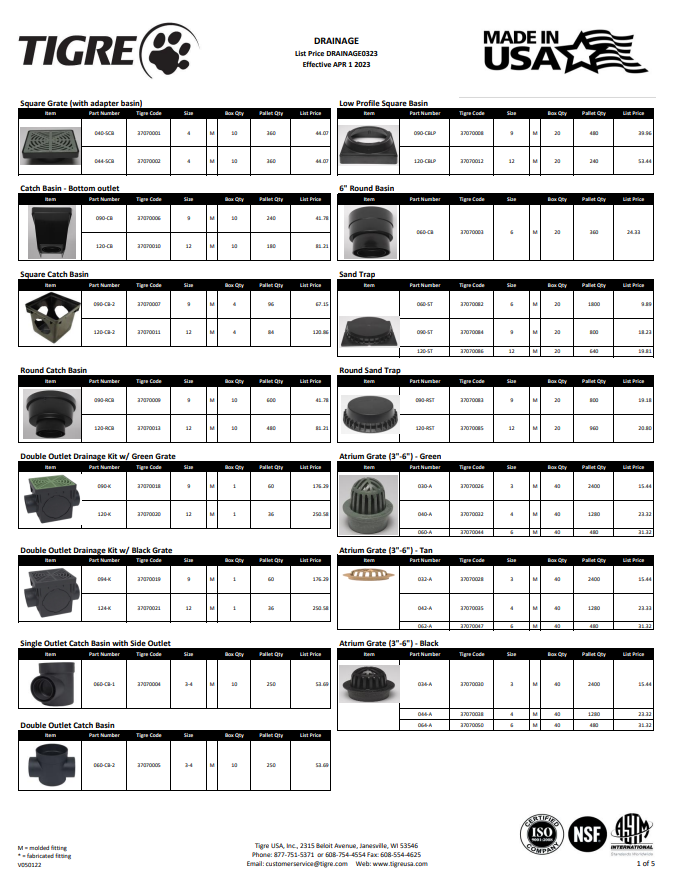 Drainage Price Lists Tigre USA